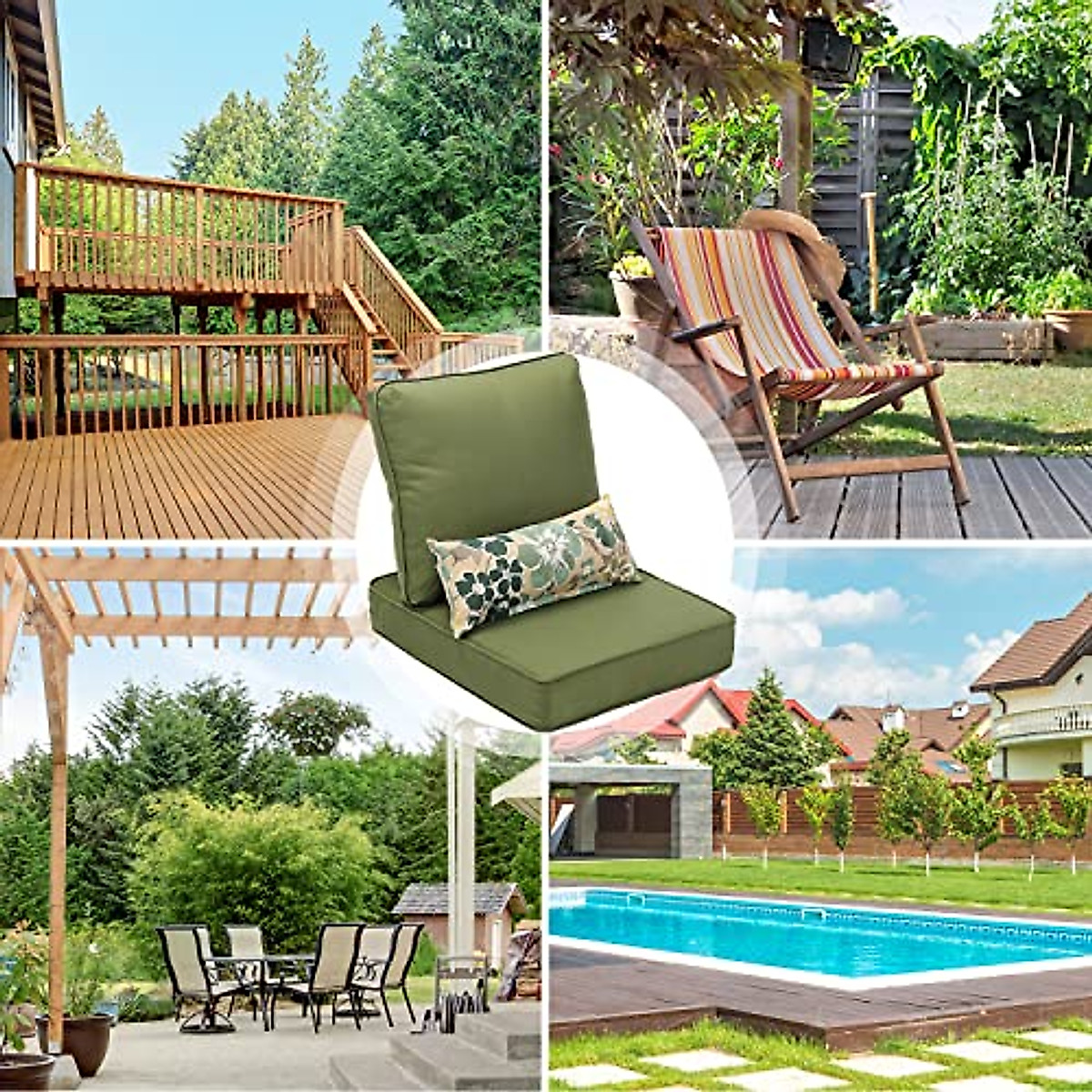 Aoodor 23” x 25.6” Patio Furniture Outdoor Deep Seat Single Chair Sofa Cushion Back Olefin Fabric Slipcover Sponge Foam - Green Color Set of 2 (2 Back 2 Seater 2 Pillow)