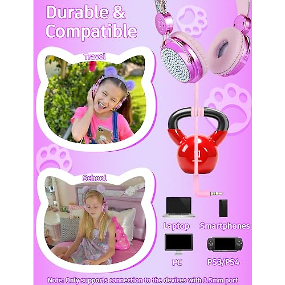charlxee Kids Pom Headphones with Mic for Travel/Car/Plane,Added 85DB Limit Function&Shareport,Unicorns Gifts for Girls,On/Over Ear HD Stereo Wired Headsets with Nylon Cable-Hot-Purple
