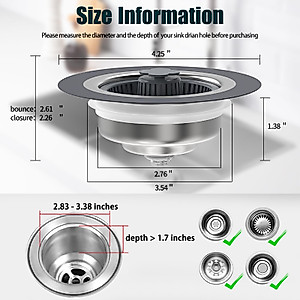 2 Pack - Upgraded 3 in 1 Kitchen Sink Drain Strainer - Stopper Set, Stainless Steel Kitchen Sink Stopper, Pop Up Anti-Clogging Sink Strainer Basket Filter for US Standard 3-1/2 Inch Kitchen Drain,2pcs