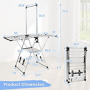 Giantex Clothes Drying Rack, Foldable Laundry Drying Rack with with 6-Level Adjustable Height, High Hanger Design, Side Clips, Space Saving Collapsible Laundry Drying Rack