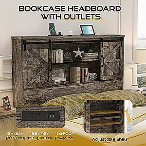 HOWE Queen Size Wood Platform Bed Frame with 51.2" Bookcase Headboard, Storage bed with Sliding Barn Door Charging Station 2 Drawers, No Box Spring Needed/Noise Free/Farmhouse/Rustic Grey