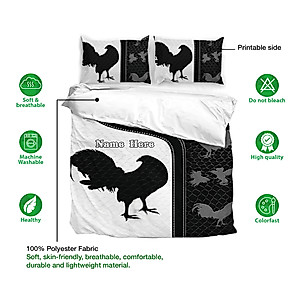 OhaPrints Personalized Chicken Duvet Cover, Rooster Farm Animal Black & White Bedding Set & Pillowcases, Custom Name Soft Lightweight Twin Full Queen King Comforter Cover Bed Set