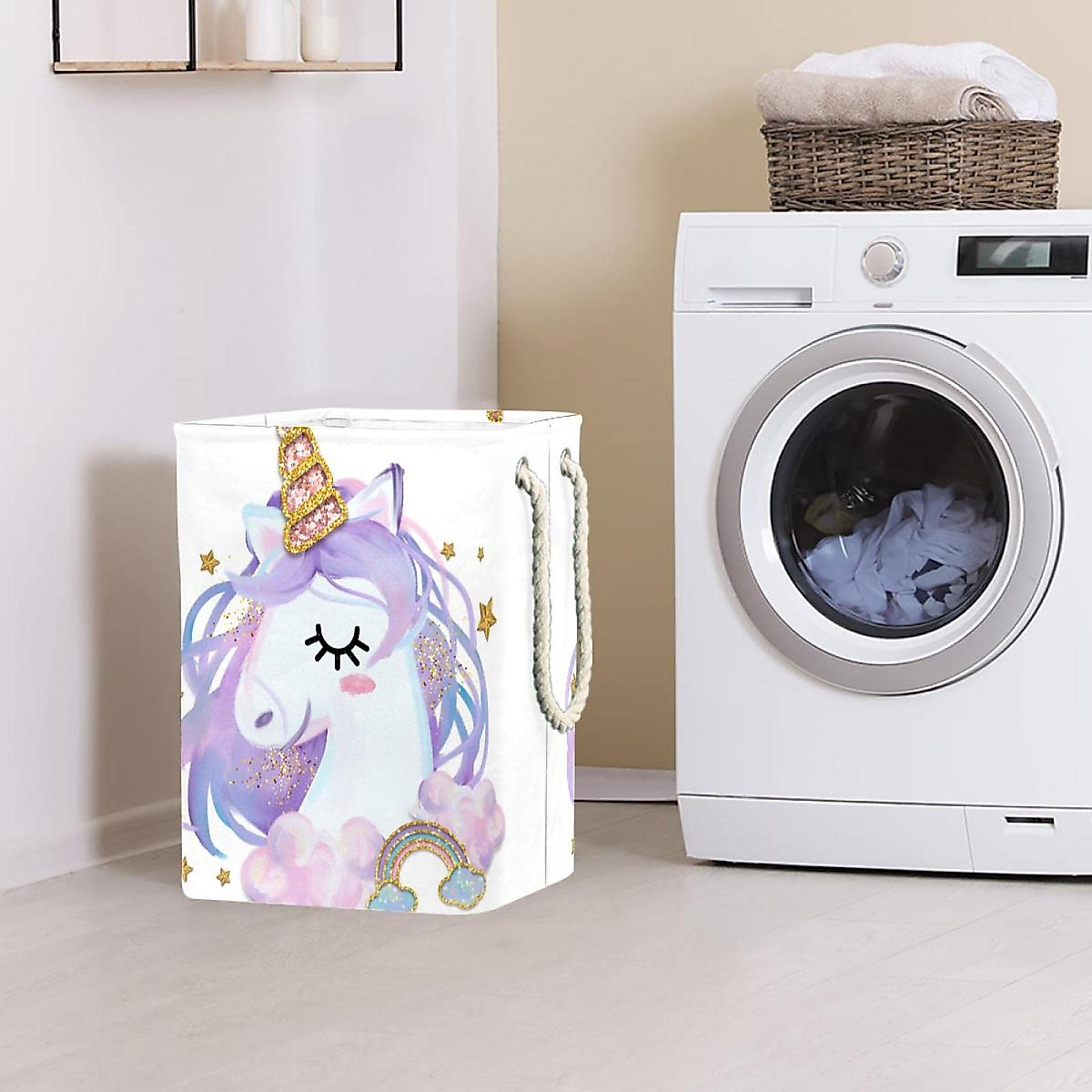 Laundry Hamper Unicorn Girl Toy Storage Collapsible Clothes Basket Folding Washing Bin With Handles 19.3x11.8x15.9 in