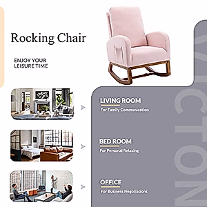 Nursery Rocking Chair,Upholstered Fabric Accent Armchair,Wooden Padded Seat with 2-Side Pocket,Nursing Chair with Rubber Wood Legs,Glider Chair for Nursery,Living Room,Home Office (Pink)