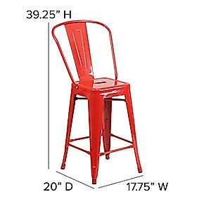 EMMA + OLIVER Commercial Grade 24" H Red Metal Indoor-Outdoor Counter Height Stool w/ Back
