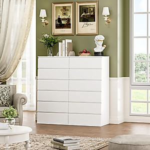 FOTOSOK White Dresser, 6 Drawer Dresser, Modern Tall Floor Storage Cabinet with Metal Sliding Rail, Wooden Handleless Drawer Cabinet, 6-Layer Large Capacity Vertical Dressers for Home & Office