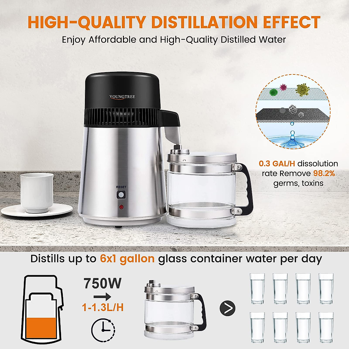 YOUNGTREE 4L Polished Stainless Steel Water Distiller, 110V 1 Gallon Distilled Water Machine for Home Countertop, UL Listed Distilled Water Maker, 750W Electric Automatic Water Purifier