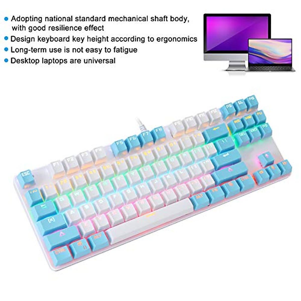 ASHATA Mechanical Keyboard, 87 Keys LED Backlit Mechanical Keyboard, Blue Switch Mixed Light Compact Mechanical Gaming Keyboard for PC Desktop Laptop (White Blue)