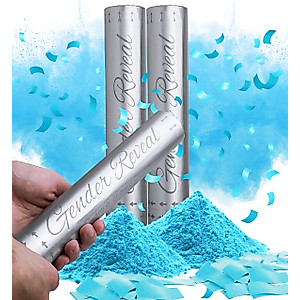 Santiago Design | Gender Reveal Confetti Cannon Poppers - Set of 2 Blue - 100% Biodegradable Confetti Tissue & Safe Powder Smoke - Baby Boy Gender Reveal Party Supplies