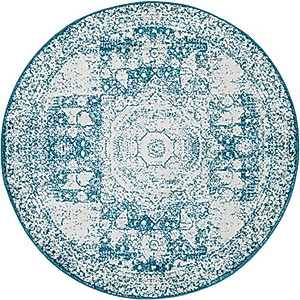 Rugs.com Dover Collection Rug – 5 Ft Round Turquoise Low-Pile Rug Perfect for Kitchens, Dining Rooms