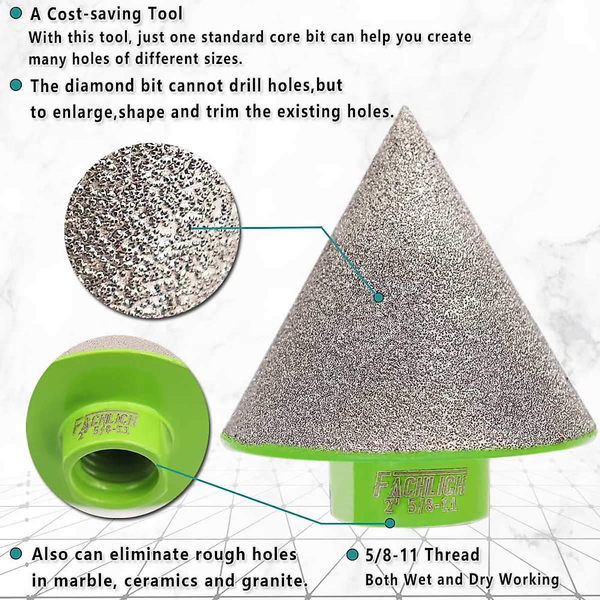 FACHLICH Diamond Cone Tile Bit - 2" Beveling Chamfer Bit 50mm for Enlarging Chamfering Milling Holes in Porcelain Tile Ceramic Marble