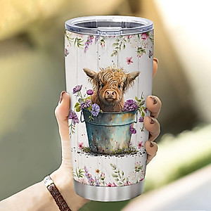 Hyturtle Personalized Gifts For Highland Cow Lover - Highland Cow Customized Name Stainless Steel Tumbler 20oz With Lid - Idea Farm Animals Lover Gifts For Women, Girl, kids On Birthday, Christmas