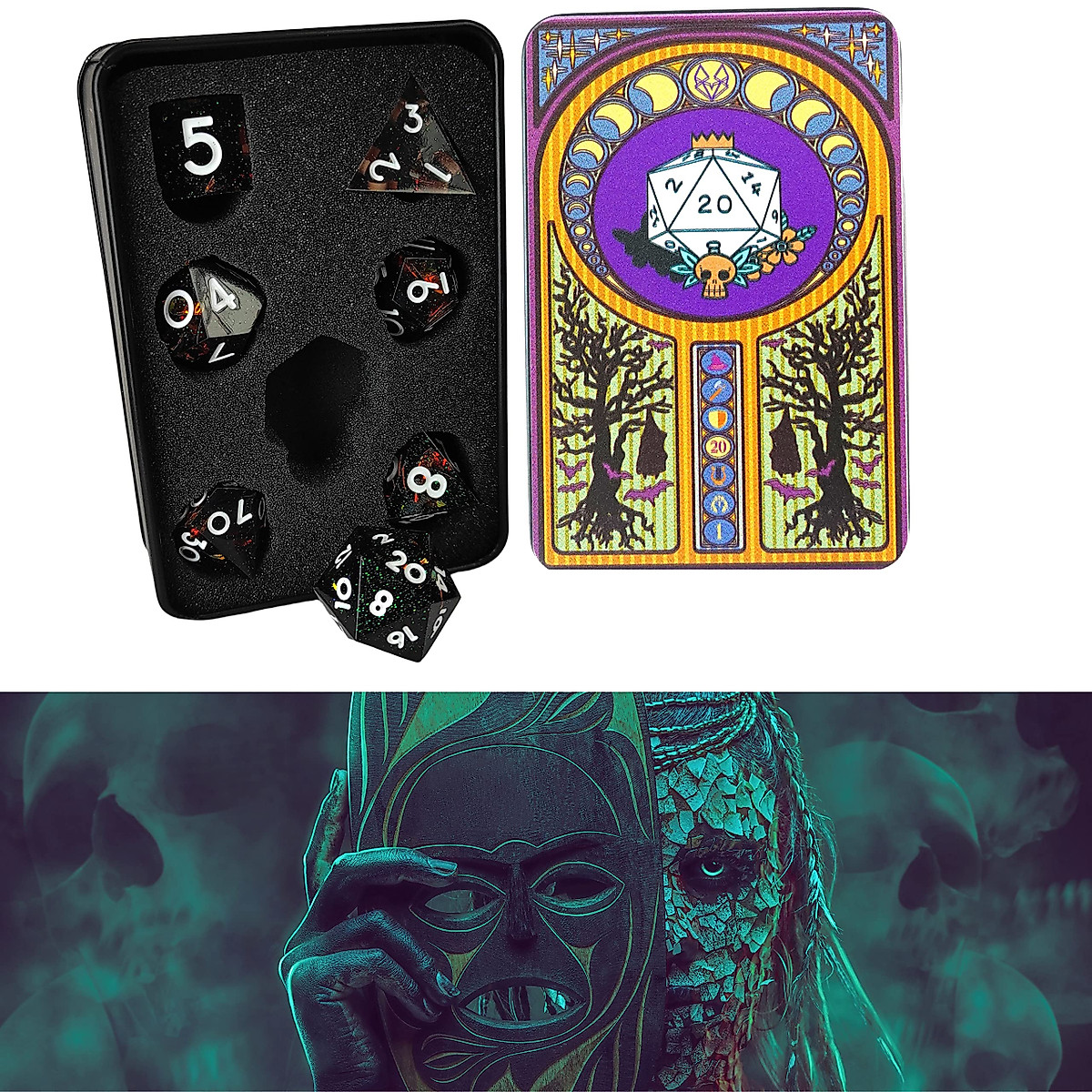 FOXBITE Sharpe Dice 7 DND Dice Sets Polyhedral Teal Swirl Black with Sequins Inside with Gorgeous Box Case for DND Dungeons and Dragons (Teal Swirl Black with Sequins) (Changeling)