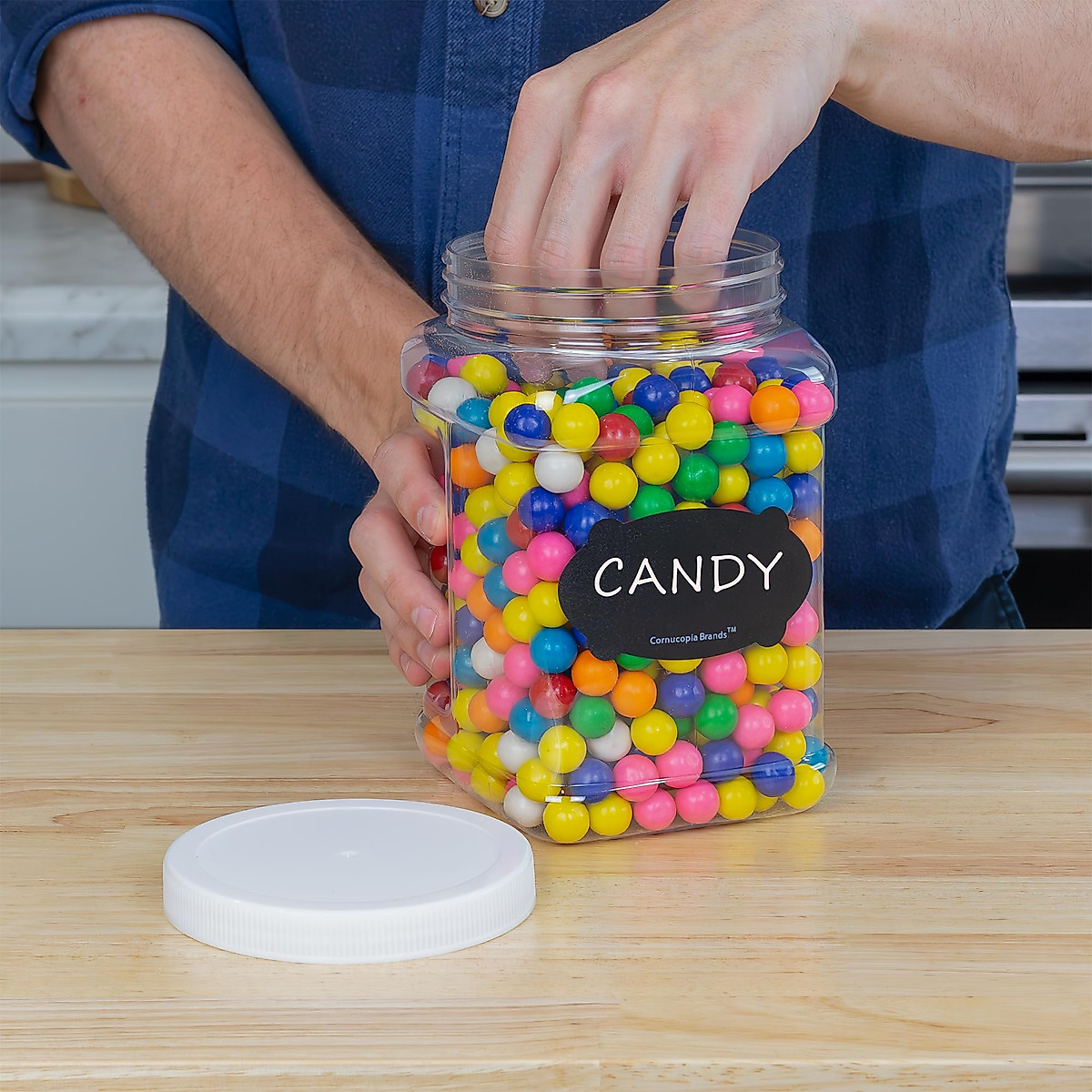 Cornucopia Brands 3-Pack Square 64 Oz 1/2 Gallon Plastic Canisters; 8-Cup Capacity Clear Jars w/ White Plastic Lids & Chalk Labels, BPA-Free Lightweight PET #1 Plastic