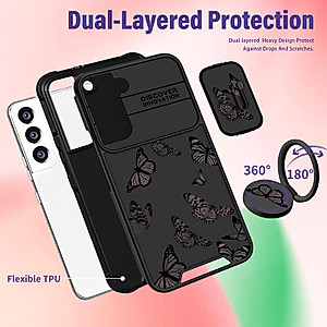 Funermei (2in1 for Samsung Galaxy S22 Case for Girls Women Cute Butterfly Cover Girly Aesthetic Black Pretty Fashion Design with Camera Cover and Ring Stand Funda for Galaxy S22 Phone Cases