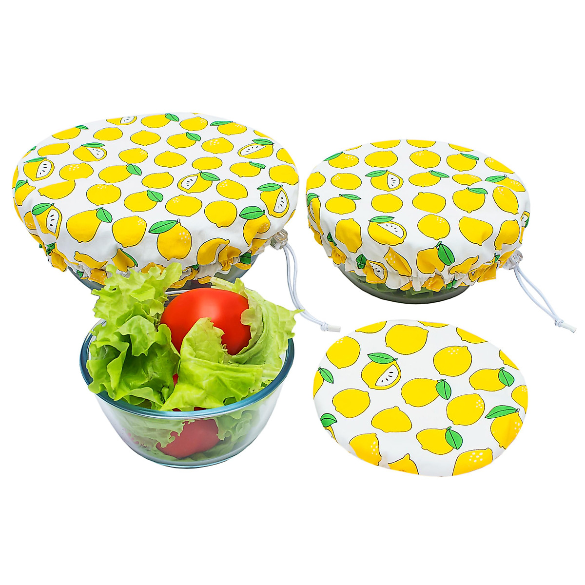 Handmade Reusable Cotton Fabric Bowl Covers - Two Layers of Fabric (Set of 3, Lemon)