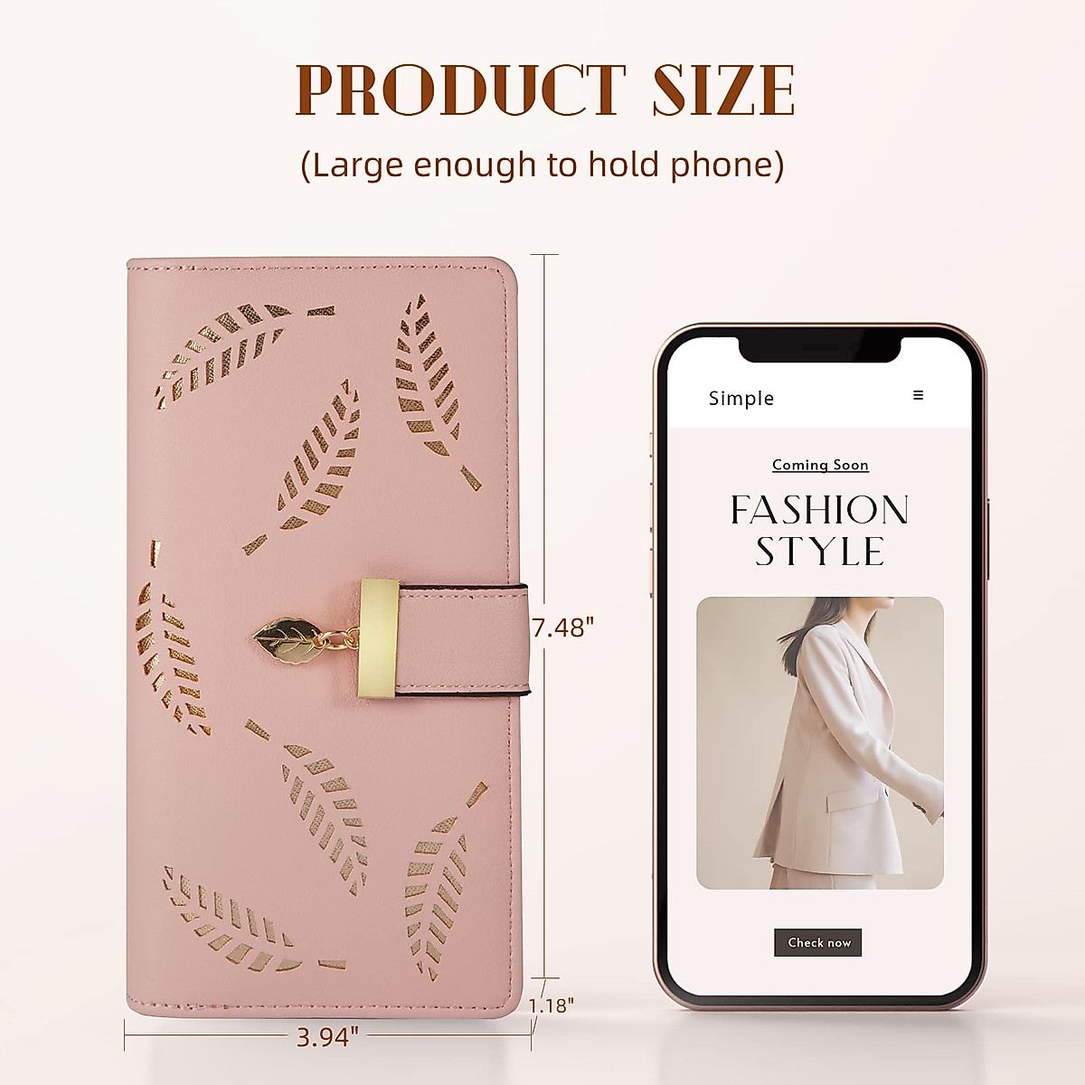Sweet Cute Chocolate Women's Long Leaf Bifold Wallet Leather Card Holder Purse Zipper Buckle Elegant Clutch Wallet Handbag for Women - Pink