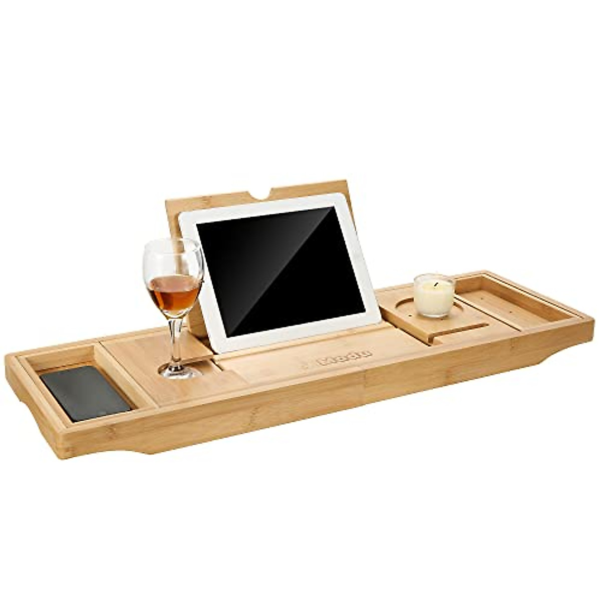 Bamboo Extension Tray for The Bathroom and Relaxation Tool for The Bath, with Holder for Cellphone, Tablet, Candles and More