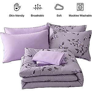 Yiran 7 Pieces Bed in a Bag Purple Botanical Plant Flowers Comforter Set Soft Microfiber Bedding Queen Comforter Sets with 1 Comforter 2 Pillowshams 1 Flat Sheet 1 Fitted Sheet and 2 Pillowcases