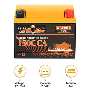 Weize Lithium YTX5L-BS Battery, Group 5, 150CCA Lithium LiFePO4 YTX4L-BS Motorcycle Battery, 12V 2.5Ah ATV, UTV, Jet Ski, 4 Wheeler, Quad, Riding Lawn Mower, Tractor, Scooter and Polaris Battery