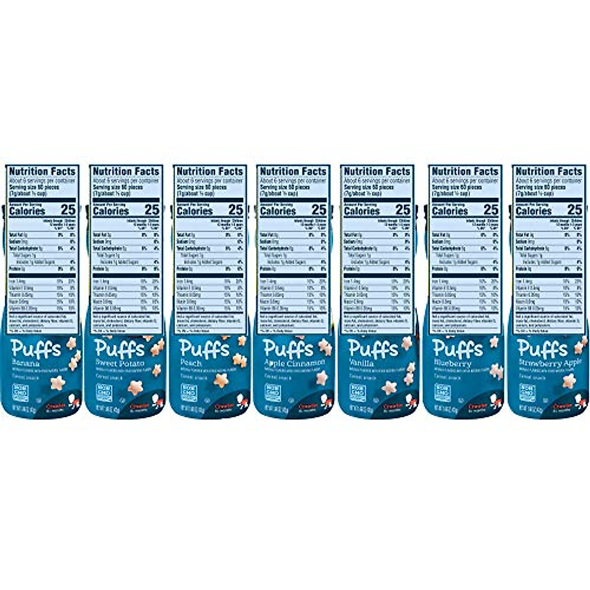 Gerber Puffs Variety Pack - 1 Banana, 1 Sweet Potato, 1 Peach, 1 Apple Cinnamon, 1 Vanilla, 1 Blueberry, 2 Strawberry Apple - 1.48 OZ each (8 CT)