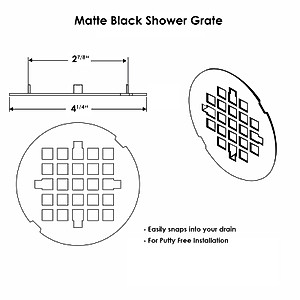 4 1/4” Snap-in Shower Drain Grate - Matte Black - Replacement Cover - VHI - Handyman Designed & Tested in America - Will Never Bend or Break