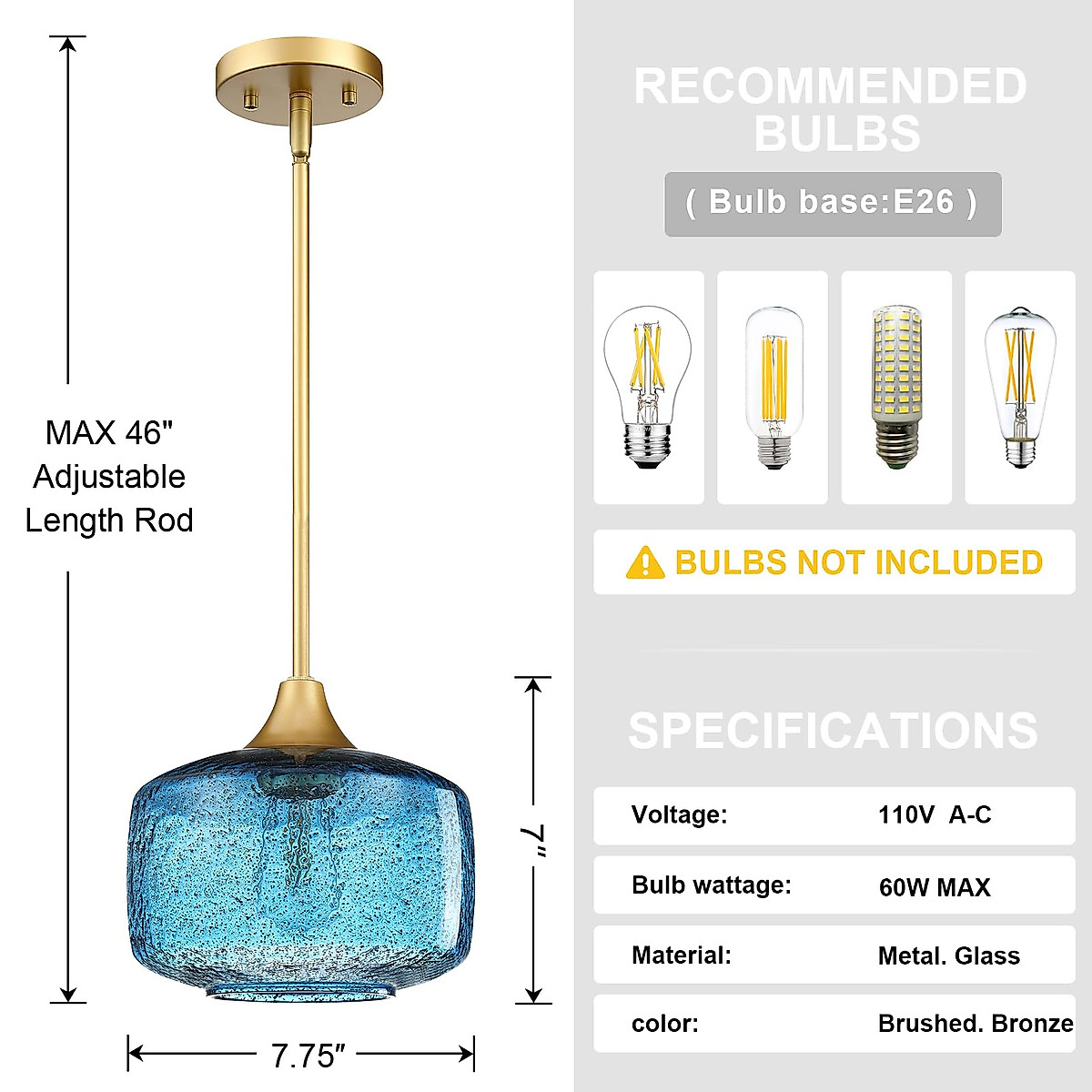 1 Light Hanging Indoor Kitchen Island Pendant Light 7.75" Ancient Seeded Glass Pendant Ceiling Light Fixtures Modern Farmhouse Dinning Over Sink Hallway (Blue Glass, 1 Pack)