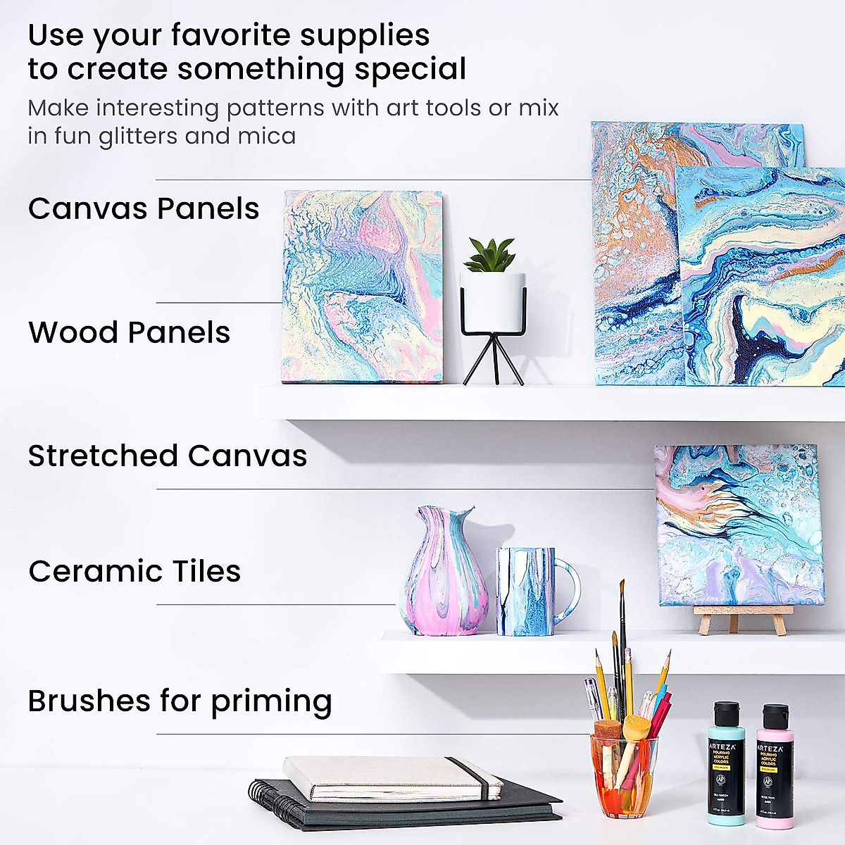 ARTEZA Acrylic Pouring Paint Set, 8 Pastel Colors, 4 oz Bottles, High-Flow Paint, No Mixing Needed, Art Supplies for Canvas, Glass, Paper, Wood, Tile, and Stones