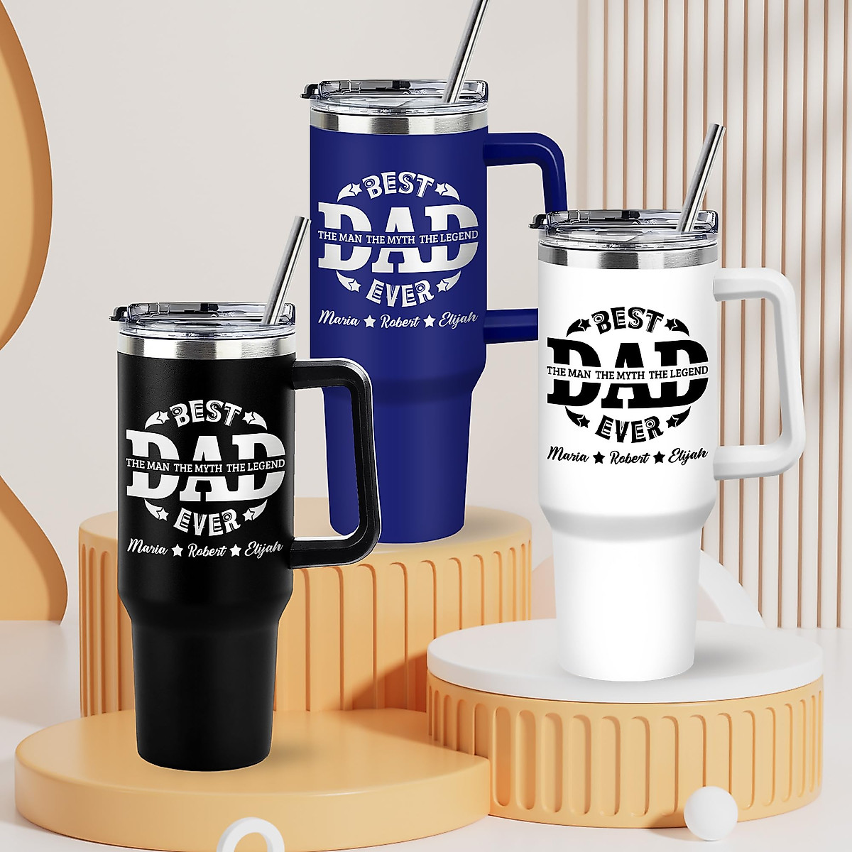 BMYDIY Personalized Fathers Day Birthday Gift for Dad, Customizable 40 Oz Tumbler with Handle Leak-proof Lid and Straw, Custom Extra Large Stainless Steel Insulated Cup/Coffee Mug/Travel Mug with Name