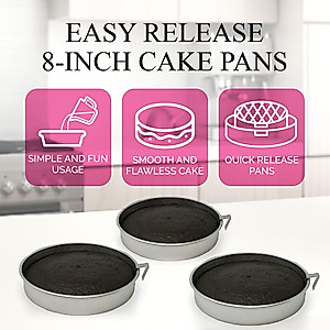 Aunt Shannon's Kitchen 8 Inch Round Cake Pans, 3 Pack, Silver Cake Pan with a Built-in Swivel Blade, Easy Release Cake Pans Set for Baking, Baking Pans Set for 3-Layer Cake, Dishwasher Safe
