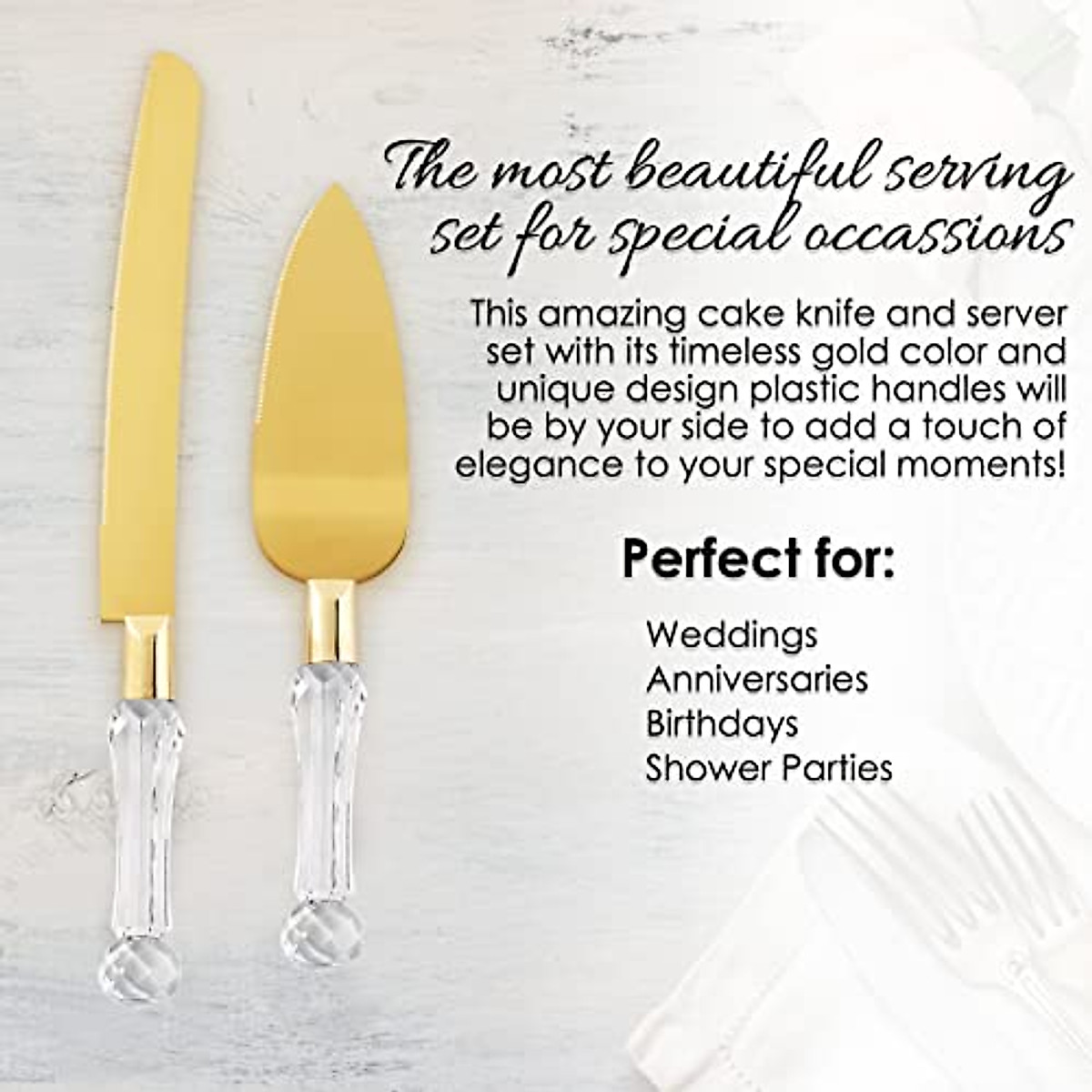 Homi Styles Wedding Cake Knife and Server Set | Plastic Faux Crystal Handles & 420 Stainless Steel Titanium gold plated Blades | Cake Cutting Set for Wedding Cake, Birthdays, Anniversaries, Parties
