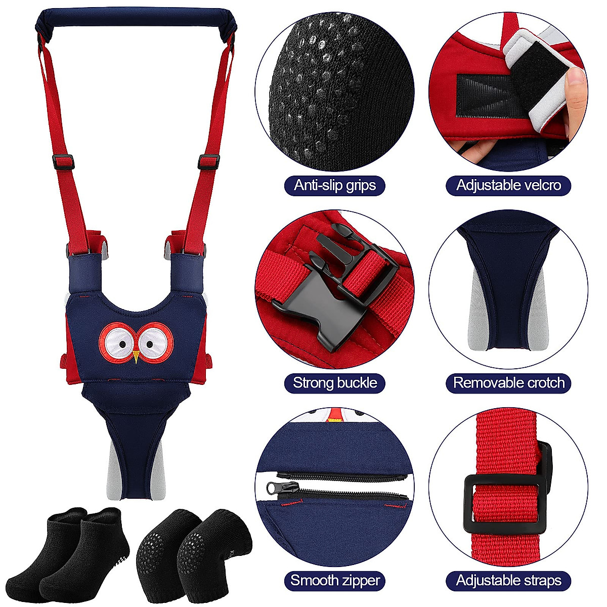 Panitay Handheld Baby Walking Harness Adjustable Toddler Walking Assistant Baby Walker Assistant Belt with 4 Pairs Baby Crawling Anti-Slip Knee 4 Pairs Non Slip Toddler Socks Grips, 7-24 Months Old