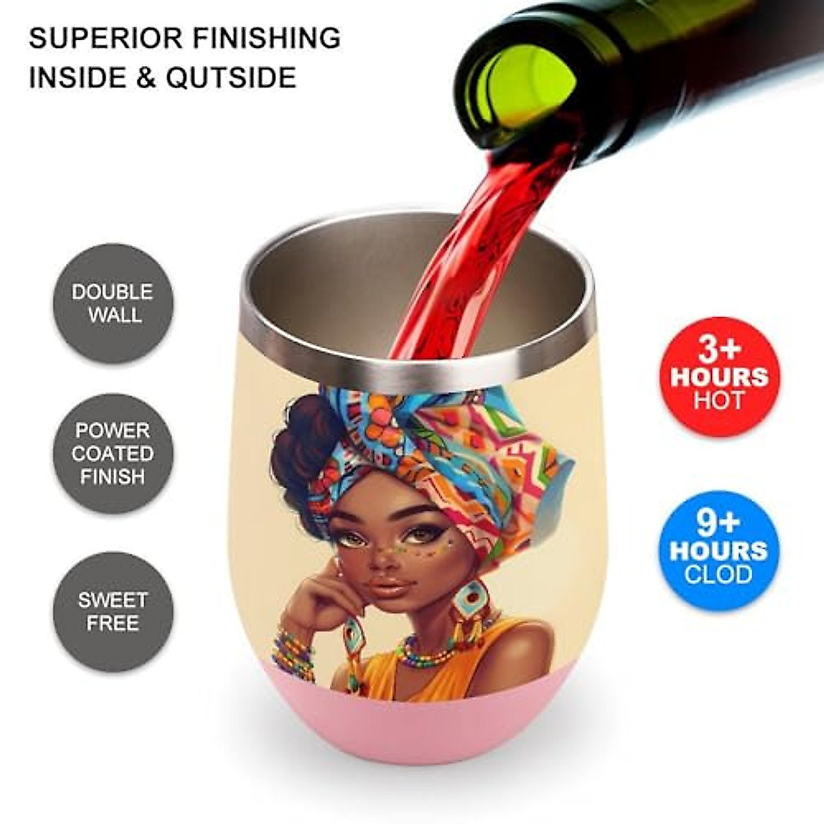 African Ame-rican Woman Insulated Tumbler with Lid Stainless Steel Coffee Mug Cute Wine Tea Water Cup Pink-style