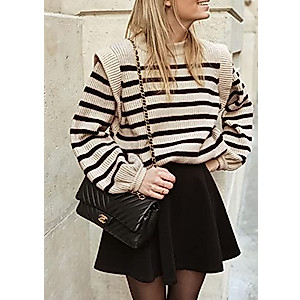 PRETTYGARDEN Women's Sweaters Casual Long Lantern Sleeve Crewneck Ribbed Knit Pullover Striped Jumper Tops Blouse (Beige Apricot,X-Large)