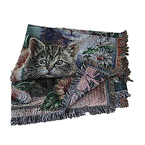 EZ.enjoy Garden Cat Flower Woven Tapestry Throw Blanket with Fringe 50X60 inches