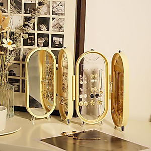 Slote Foldable Jewelry Box Organizer，With Mirror Earring Holder Stand, Small Jewelry Organizer Box Suitable for Storing Drop Earrings, Bracelet, Necklaces, Rings. Gifts for Woman and Girls(Off-White)