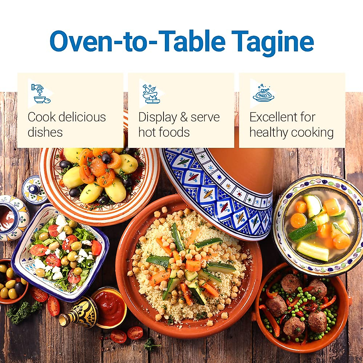 Kamsah Hand Made and Hand Painted Tagine Pot | Moroccan Ceramic Pots For Cooking and Stew Casserole Slow Cooker (Medium, Supreme Bohemian Blue)