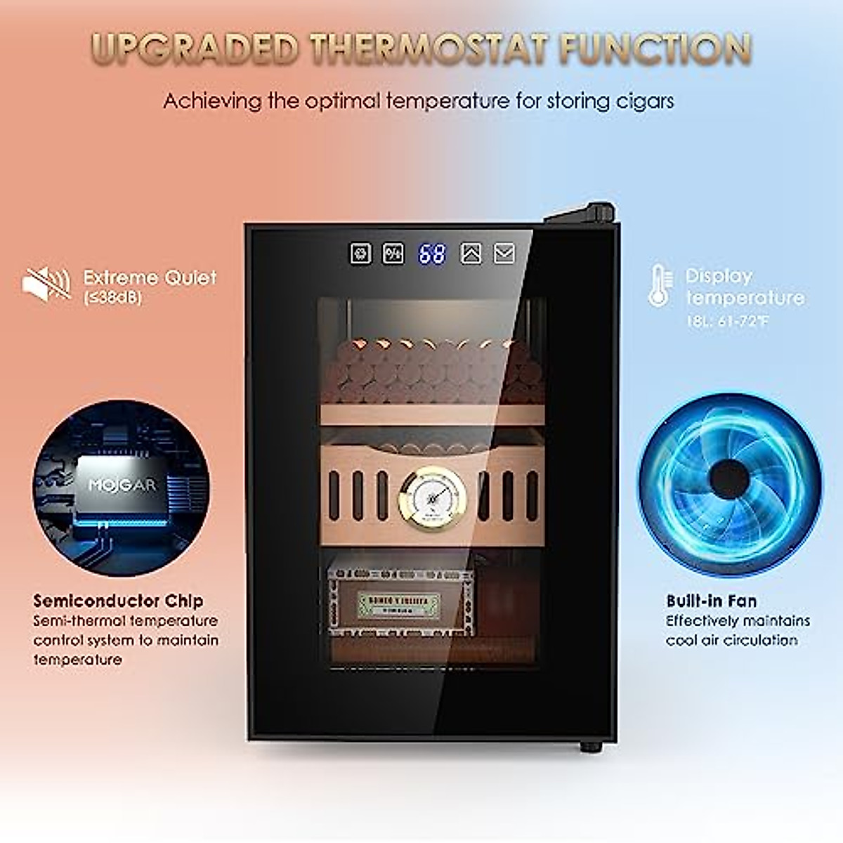 Mojgar 18L Electric Cooler Cabinet, 100 Counts Cooling and Heating Temperature Control Cabinet with Spanish Cedar Wood Shelves & Hygrometer, Gift for Men Father Husband