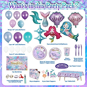 Party Spot! Mermaid Birthday Decorations, Mermaid Party Decorations Supplies Kit, 16 Tableware Sets, Balloon Arch, Balloons, Mermaid Disposable Paper Plates, Backdrop, Cake Topper, All in one Set