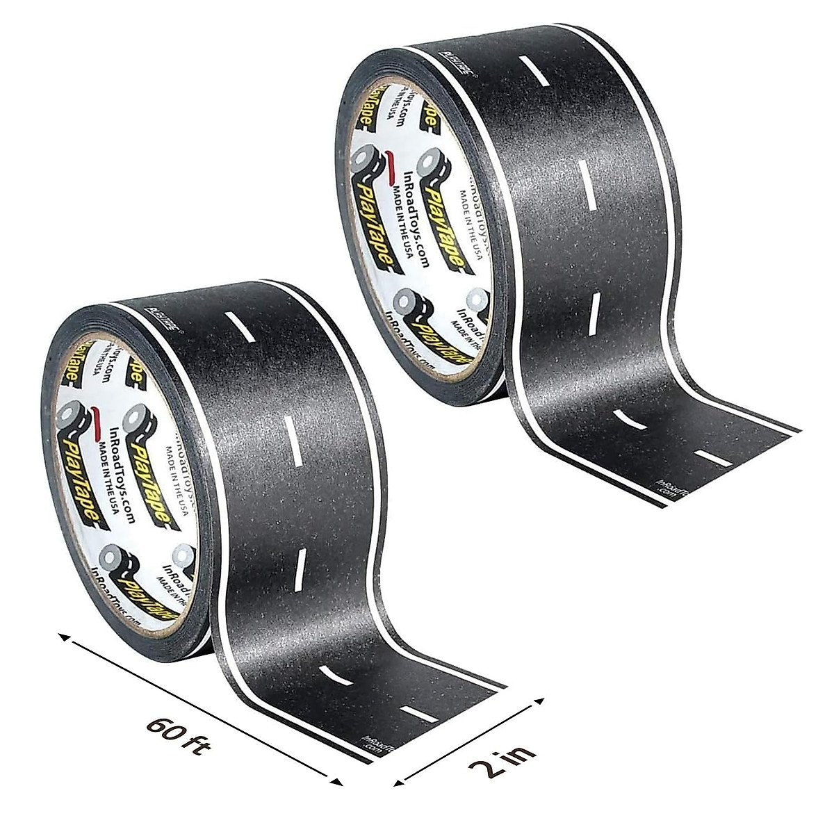 InRoad Toys PlayTape Road Tape for Toy Cars - Sticks to Flat Surfaces; No Residue; 2-Pack of 60 ft. x 2 in. Asphalt Road