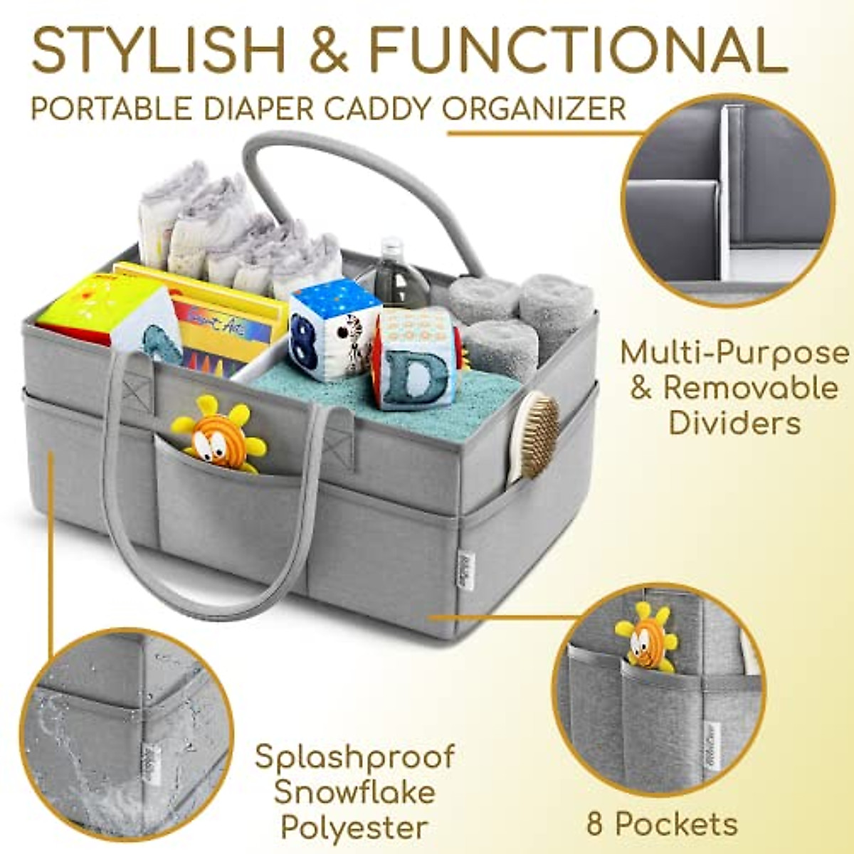 Baby Diaper Caddy Nursery Storage Bin and Car Organizer for Diapers and Baby Wipes Gray