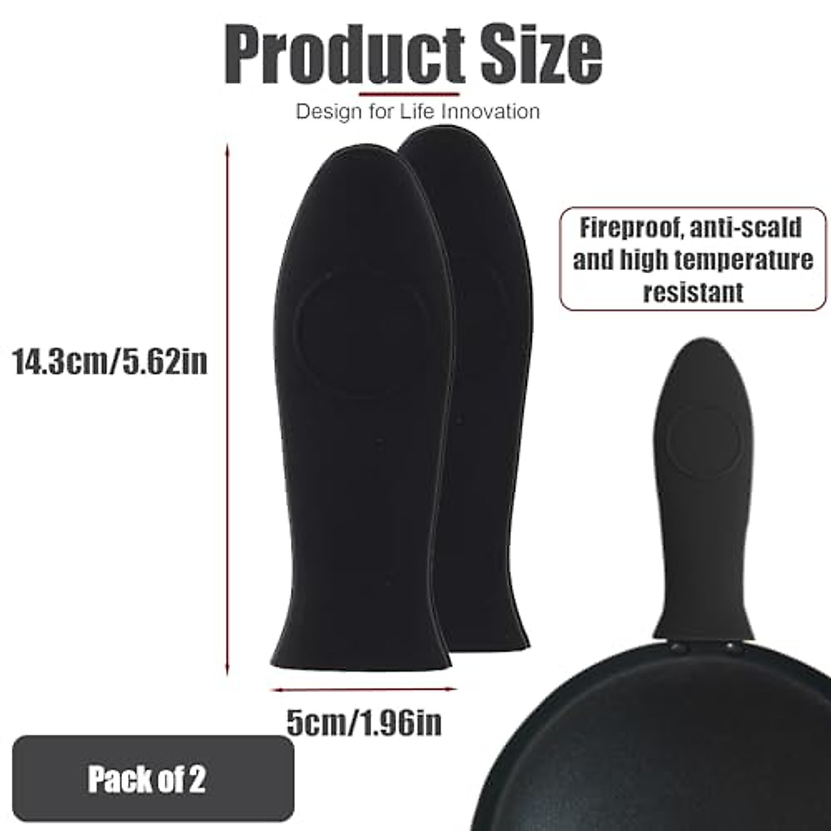 2 Pack Silicone Pan Handle Sleeve, Heat Resistant Cast Iron Skillet Handle Covers for Pots and Pans, Assist Handle Holder Grip for Kitchen Frying Griddles Cookware (Black)