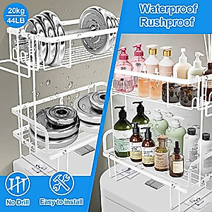 Over The Toilet Storage Shelf,2-Tier Space Saver Bathroom Storage Organizer Shelves,Multifunctional Iron Rack with Toilet Paper Holder & Hanging Hook,No Drilling Wall Mounted Restroom Holder(White)
