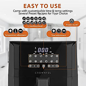 CROWNFUL 7 Quart Air Fryer, Oilless Electric Cooker with 12 Cooking Functions, LCD Digital Touch Screen with Precise Temperature Control, Nonstick Basket, 1700W, UL Listed-Black