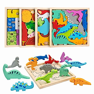XJYQJD Dinosaur Sorting & Stacking Toys for Toddlers 1-3, Wooden Dinosaur Blocks Puzzles for Kids 2-4 Multi-Theme Animals Fruits Numbers Jigsaw Puzzles Montessori Educational Learning Toys (4 Pack)