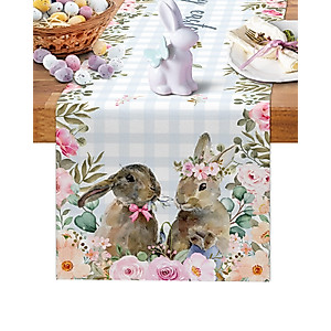 Rabbits Flowers Easter Table Runner,Cotton Linen, Eucalyptus Leaf Spring Summer Holiday Farmhouse Table Decorations for Home,Kitchen,Dining Room,Indoor,Outdoor,13 x 72 Inch, Grey White Buffalo Plaid