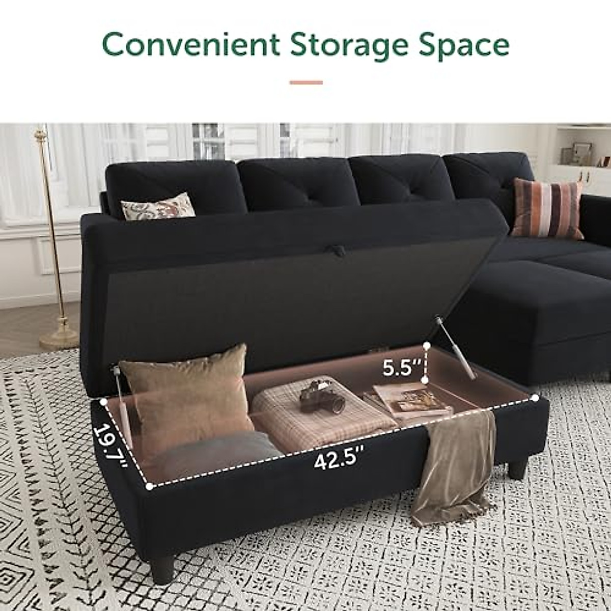 HONBAY Sleeper Sectional Sofa Set Velvet U Shaped Couch with Storage Ottoman 4-Seat Sectional Sofa Set for Living Room, Black