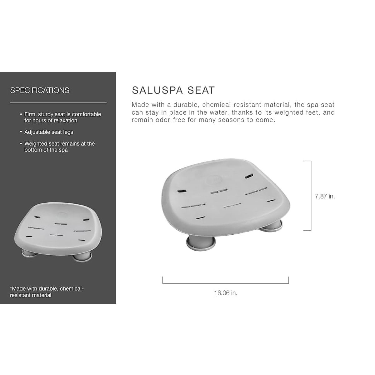 Bestway SaluSpa Underwater Durable Non Slip Swimming Pool and Spa Comfort Seat with Adjustable Height Legs and Weighted Feet, Gray