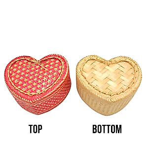 Bamboo Sticky Rice Serving Basket 6x5.2 Inch, Kratip, Intricately Woven Container, Heart-Shaped, American Flag, Thailand Handmade, Dyed with Natural Based (Red Pikul Flowers)