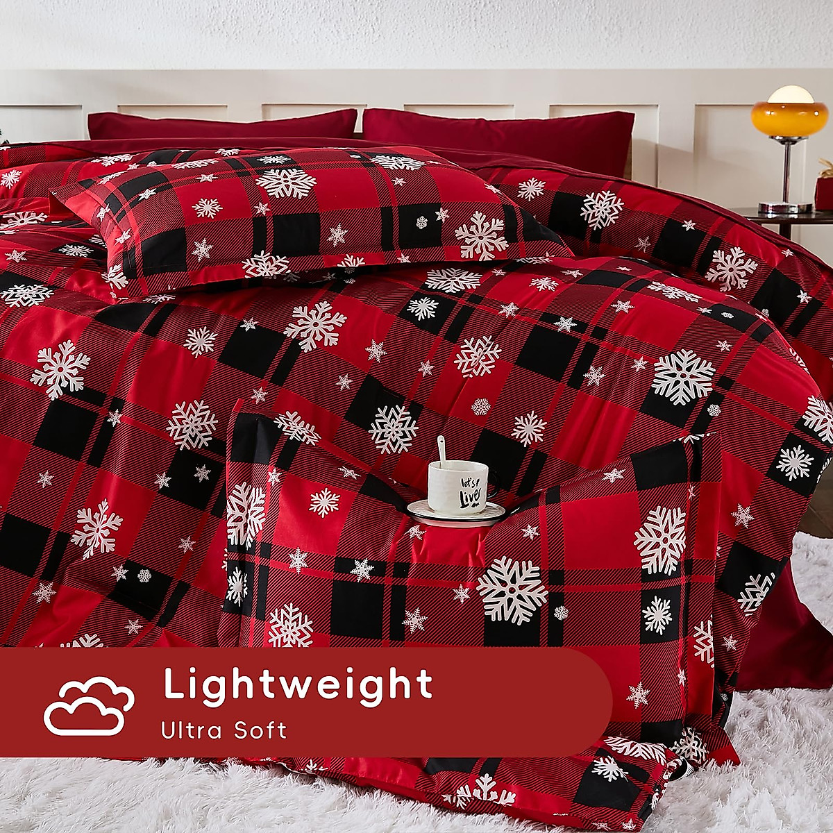 Christmas Comforter Set Queen Size 7 Piece Red plaid Snowflake Bedding Set Bed in a Bag Revesible Lightweight Microfiber Winter Down Alternative Bed Set with Pillowcases & Shams,Sheets for Girls Boys